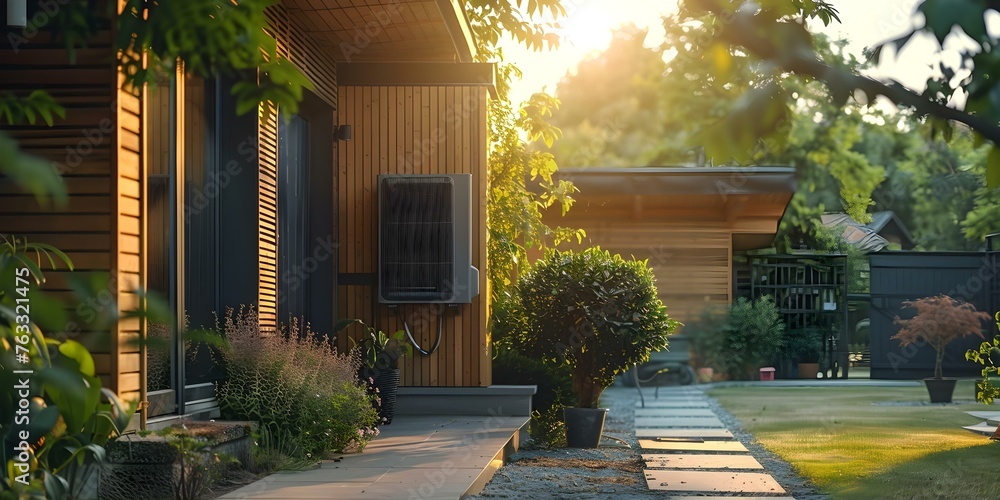 Displaying contemporary air pump unit beside house for efficiency ...