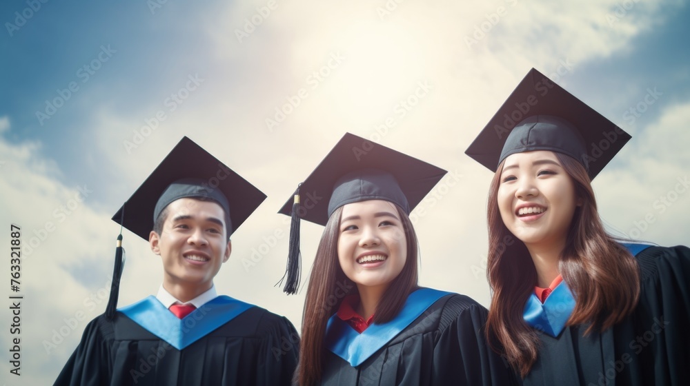 Happy graduating international students wearing bachelor gowns and ...