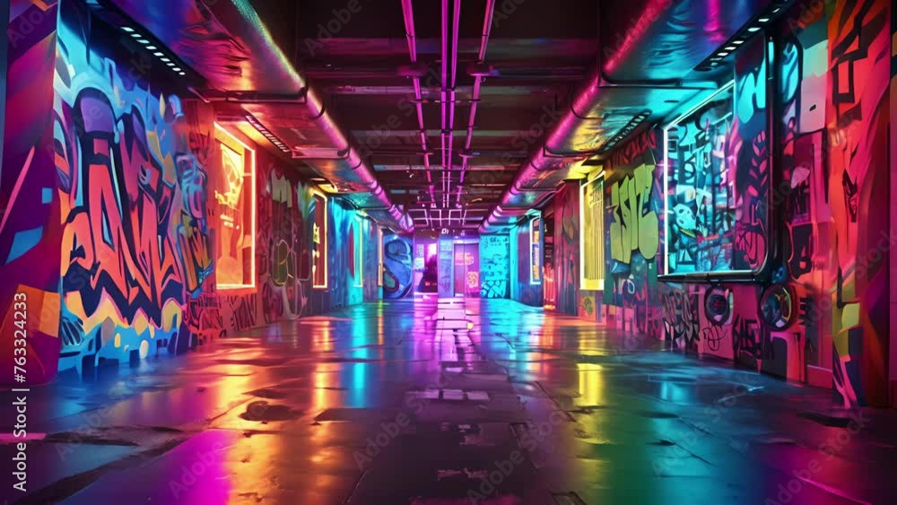 Graffiti tags in a rainbow of hues serve as a backdrop for a bustling ...