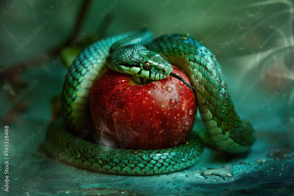 ภาพประกอบสต็อก The apple and serpent, a snake coiled around a red apple, symbolize the ...