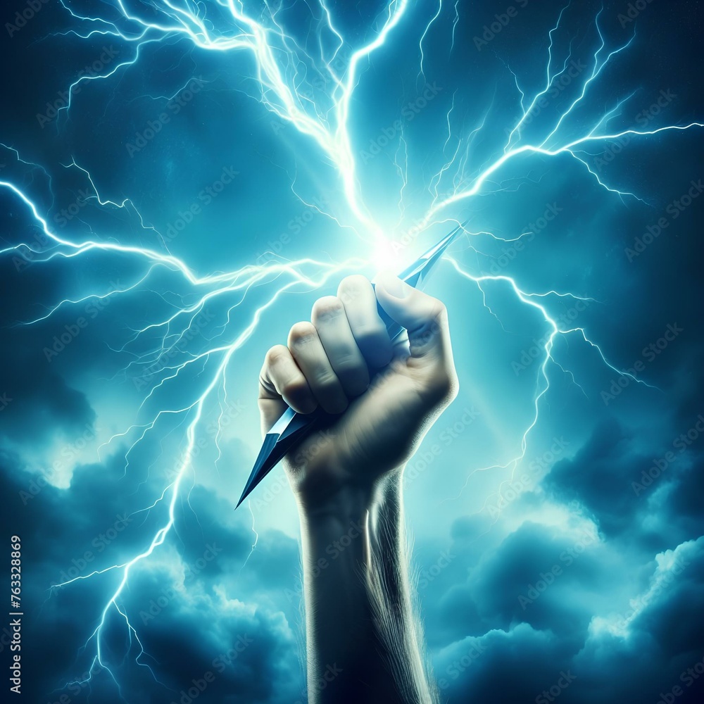 Hand holding up a lightning bolt. Energy and power. Stormy background ...