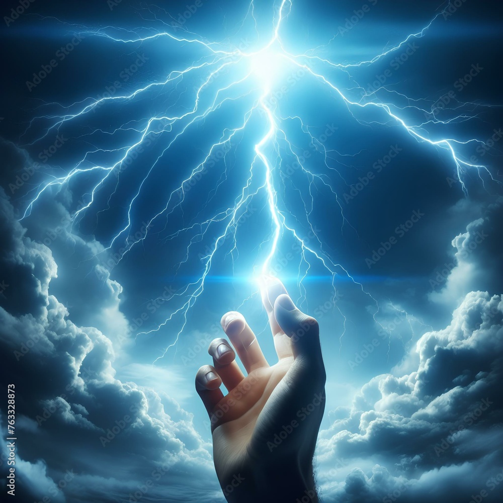 Hand holding up a lightning bolt. Energy and power. Stormy background ...