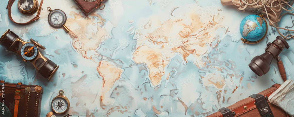 A detailed map of the world covered in a variety of objects and ...
