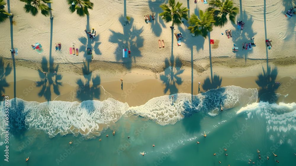 Elevated shot of a sprawling beach scene, sand patterns and palm ...