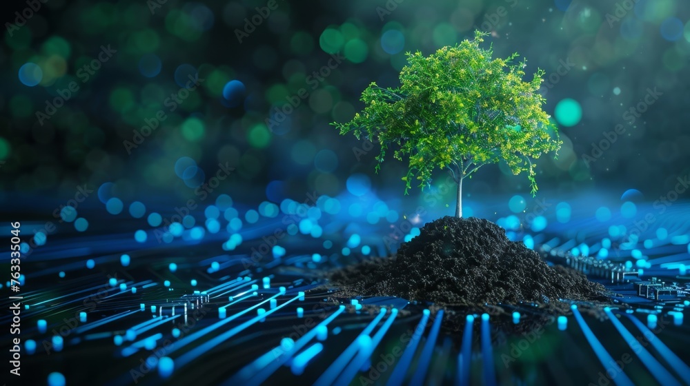 Tree with soil growing on the converging point of computer circuit ...