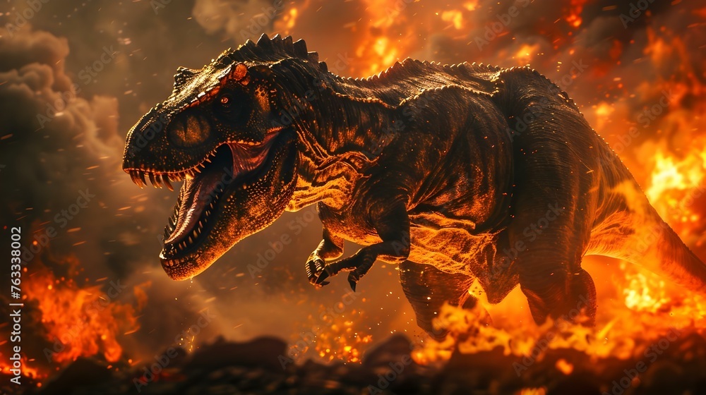 Tyrannosaurus Rex dinosaur running away from fire in a worldwide ...
