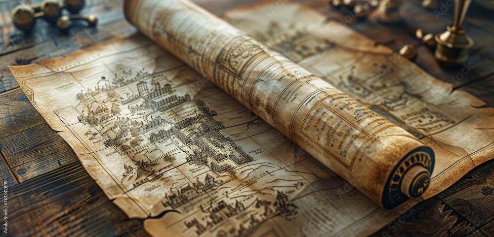 An evocative scene featuring antique map scrolls of Renaissance ...