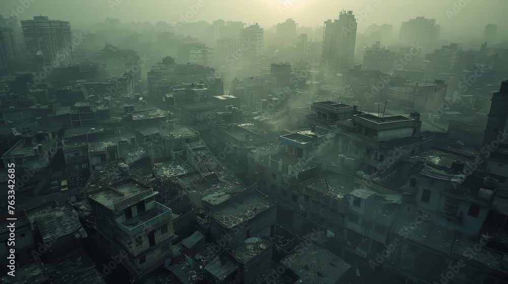 A haunting view of dense urban slums sprawling under a hazy, overcast ...