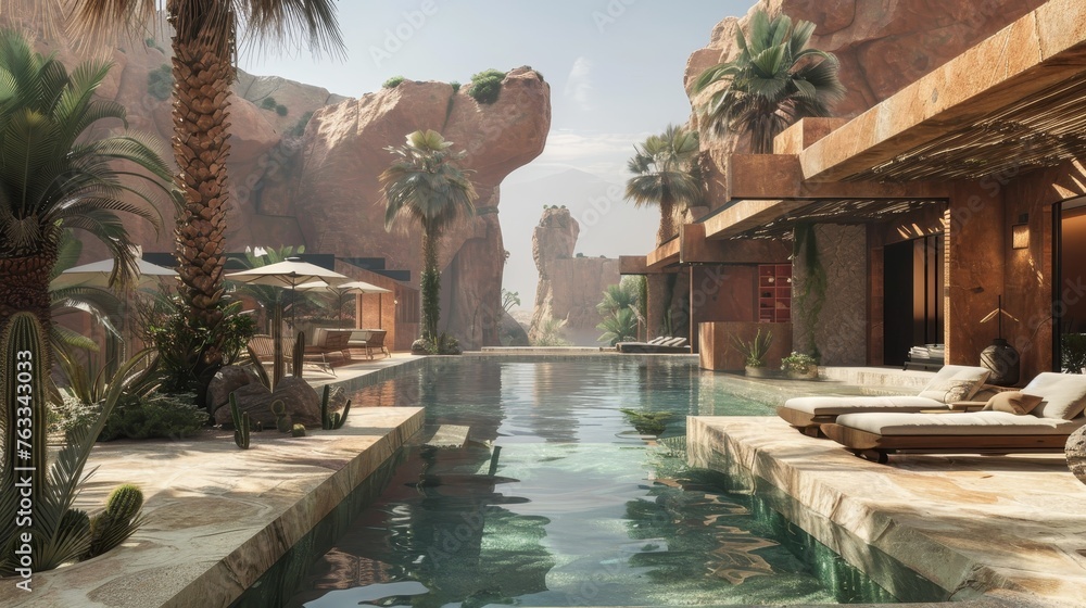 This desert resort features a stunning infinity pool bordered by ...