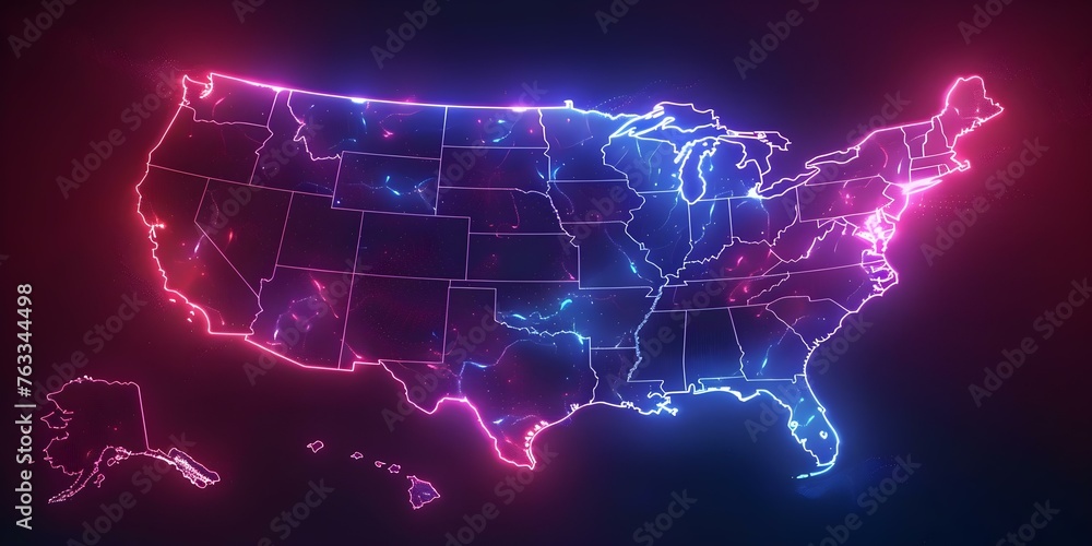 Neonlit USA map symbolizes political polarization through red and blue ...
