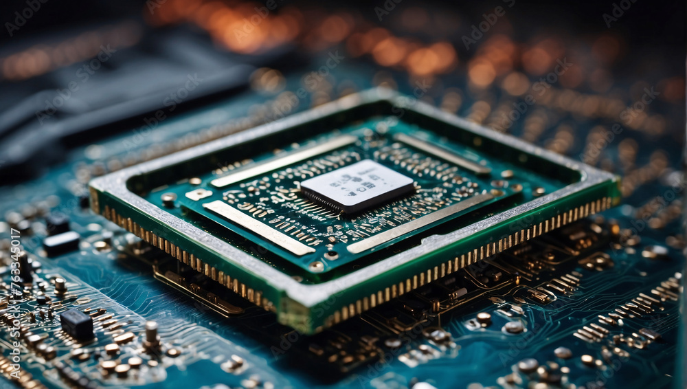 Green rectangular microchip, decorated with intricate golden paths ...