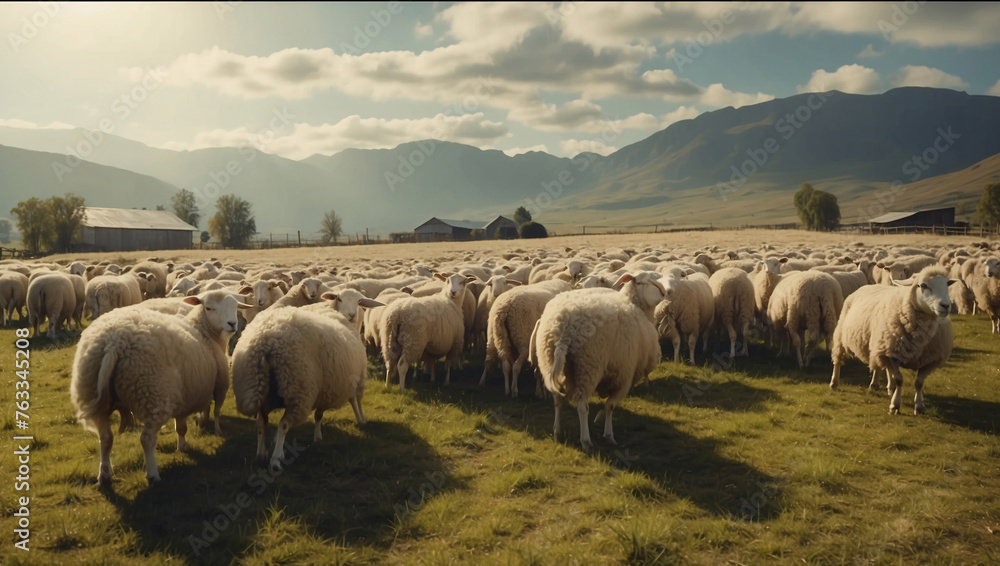 Among rolling hills, sheep farm. Fields alive with constant motion of ...