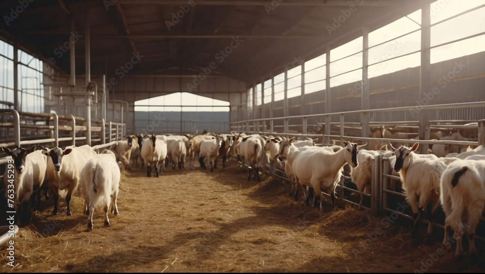 Among farm ranch, group of goats gather, enjoying fresh hay as bright ...