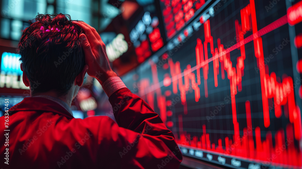 Wall Street investors, hands on head, gaze upward at red charts on ...