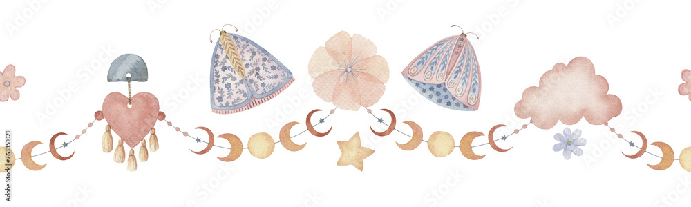 Boho butterflies with moon phases garland isolated seamless border ...