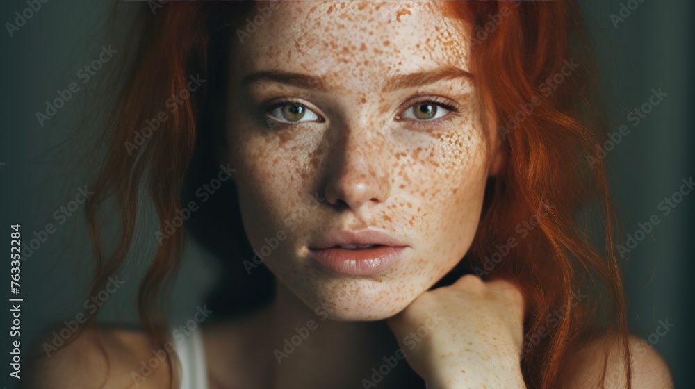 Beautiful young woman with freckles and a model appearance sharing ...