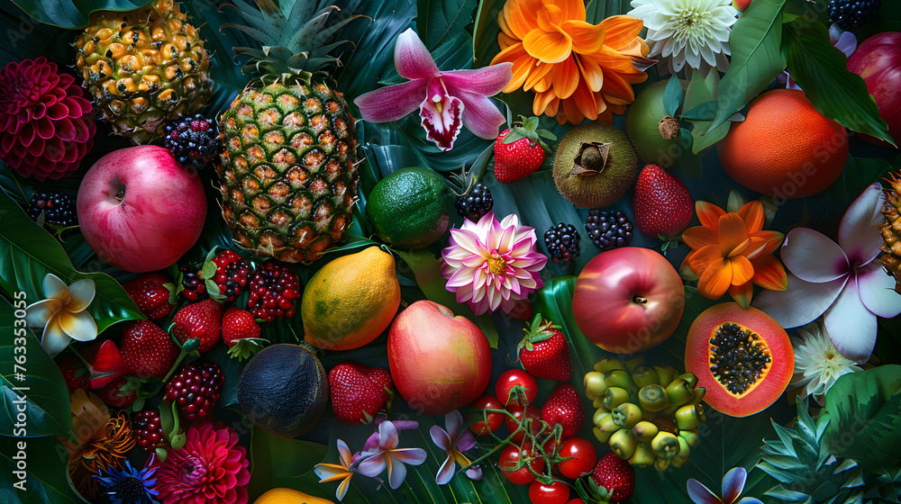 Overhead perspective of a scattered assortment of exotic fruits and ...
