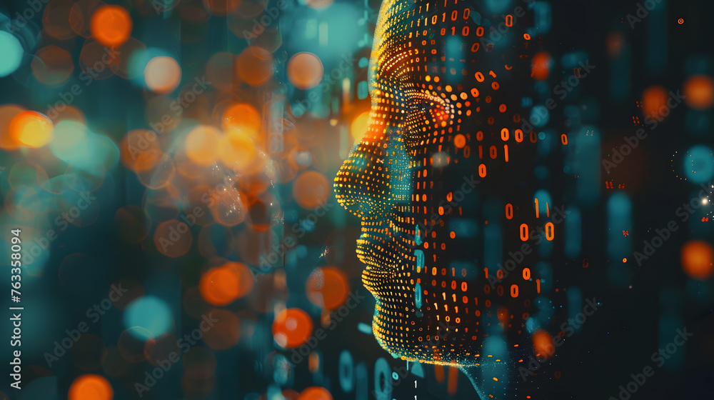 Female face with matrix digital numbers artifical intelligence AI theme ...