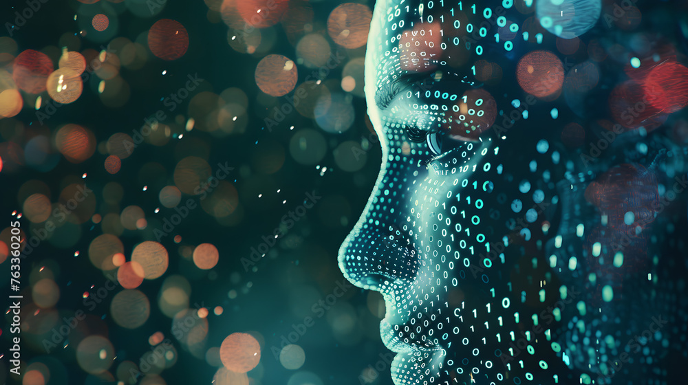 Female face with matrix digital numbers artifical intelligence AI theme ...