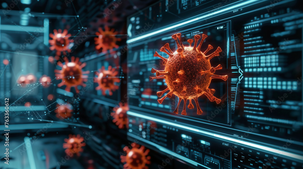 Virus attack, visualized as a 3D model, attacking a computer system ...