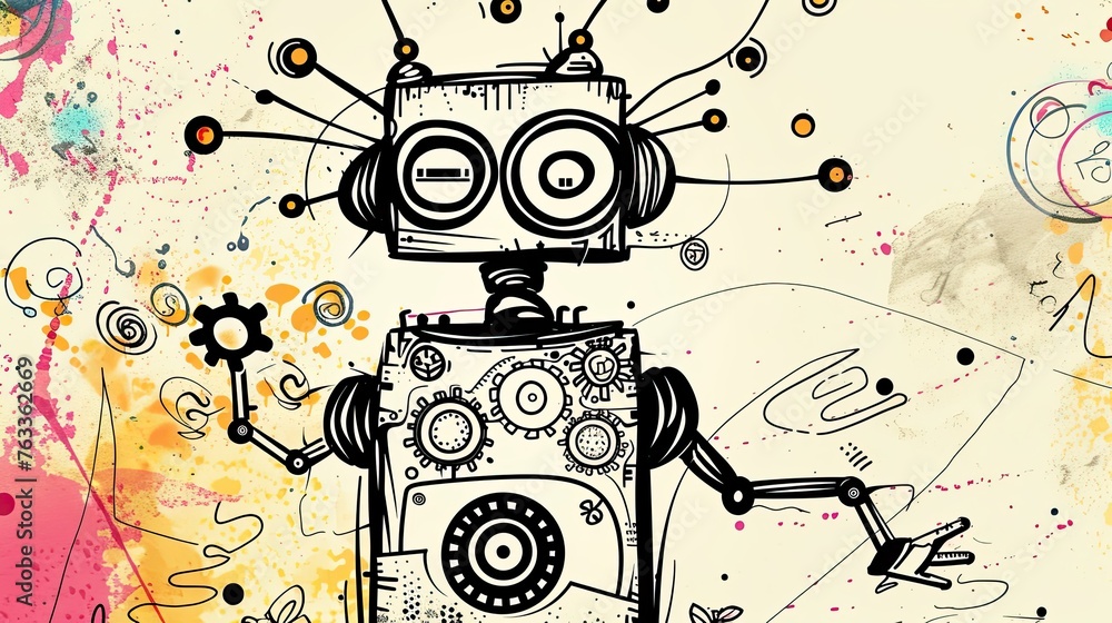Abstract image of a simple cartoon black and white robot with gears ...