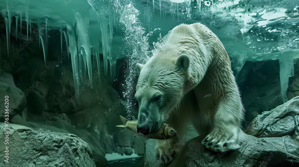 An underwater view captures a polar bear successfully catching a fish ...