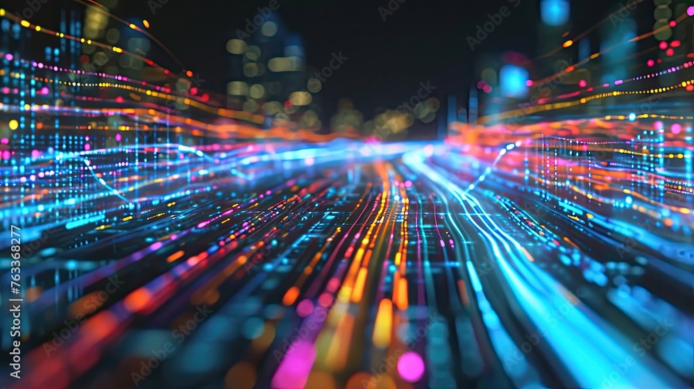 Abstract image of neon flow of data and information, cyberspace, cables ...