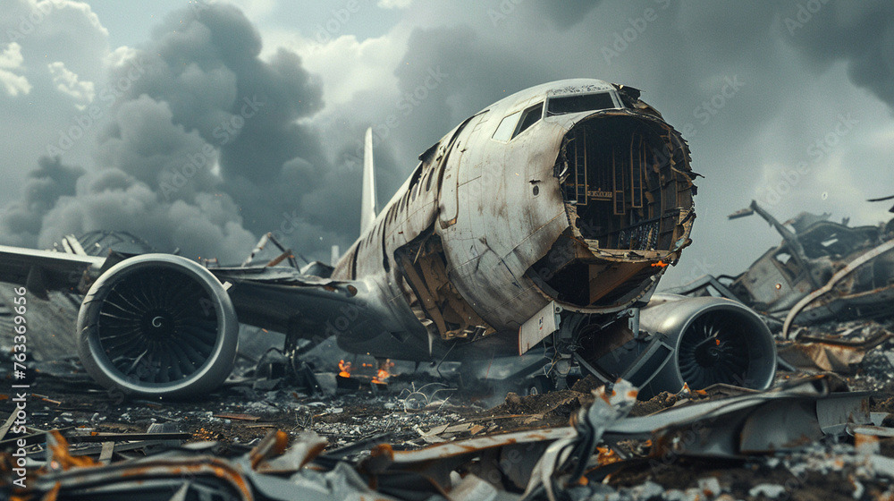 The catastrophic aftermath of an airplane crash with twisted metal and ...