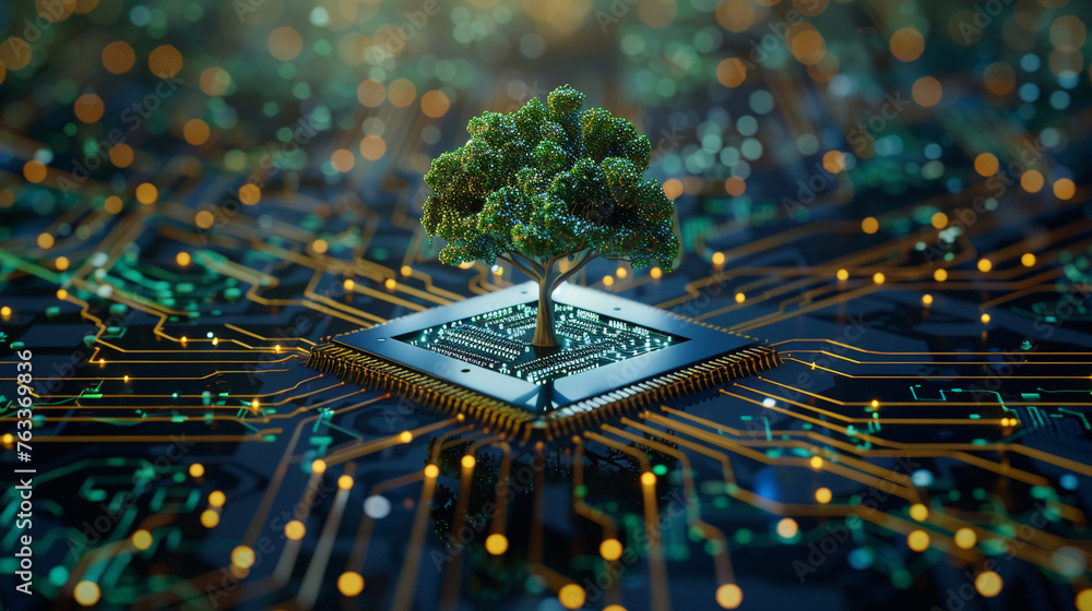 Green computing visualized a circuit board merges with nature as a tree ...
