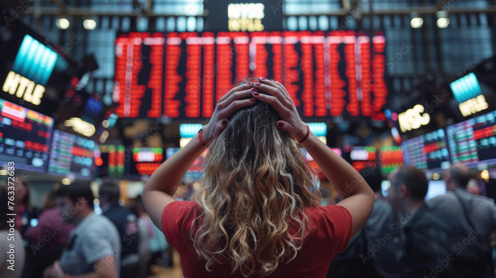 Wall Street investors, hands on head, gaze upward at red charts on ...