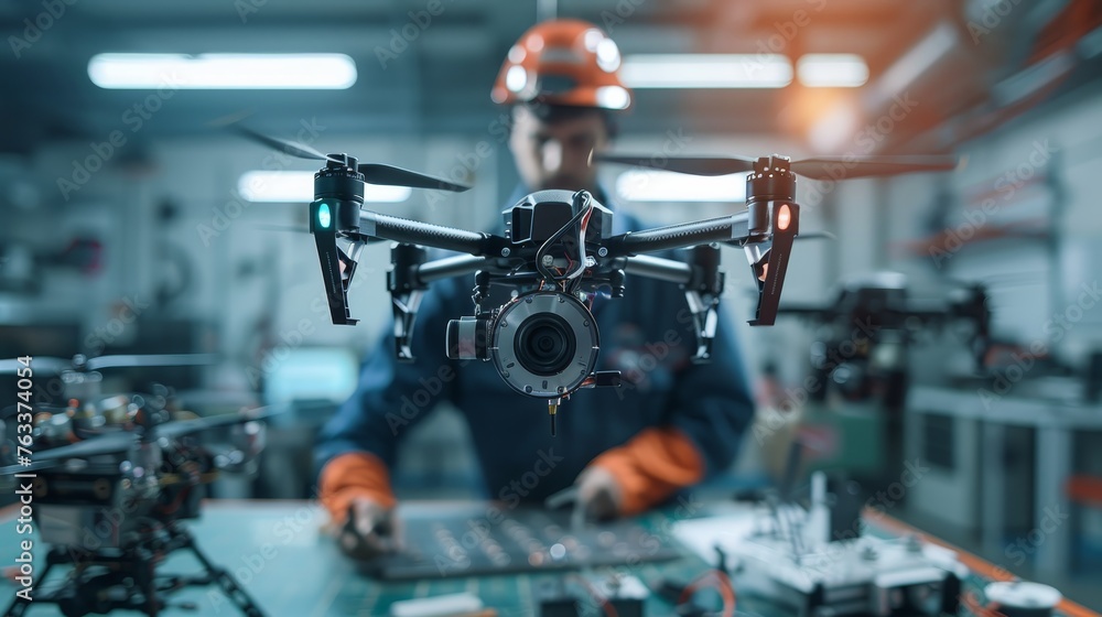 Focused engineer in a hard hat fine-tuning a high-tech drone with a ...