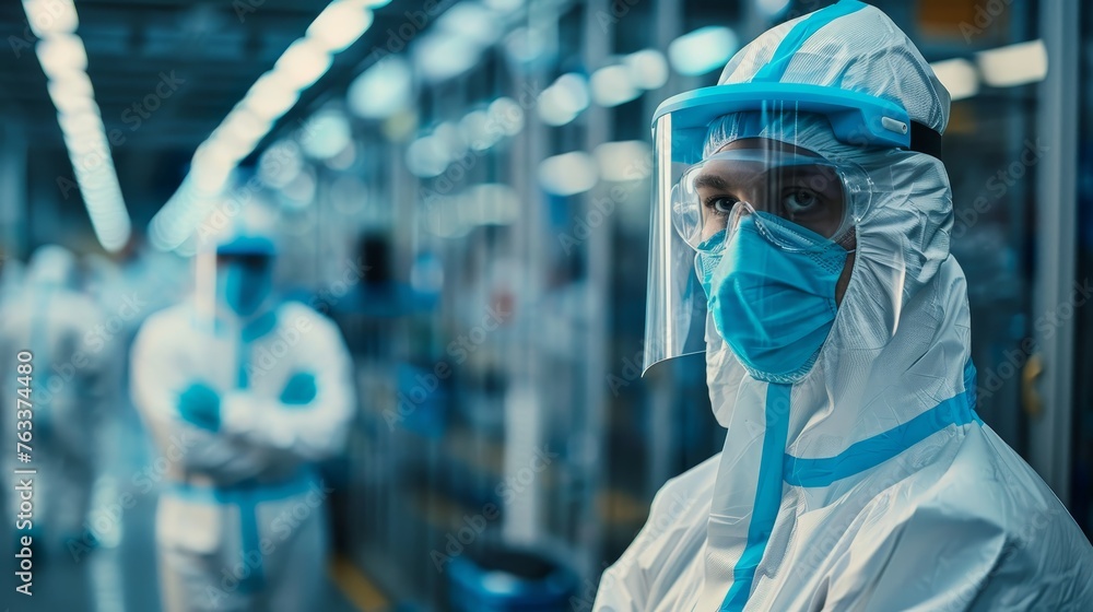 A healthcare worker stands alert in full personal protective equipment ...
