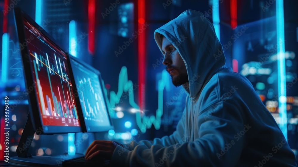 A focused hacker types on a keyboard, stock market trends displayed ...