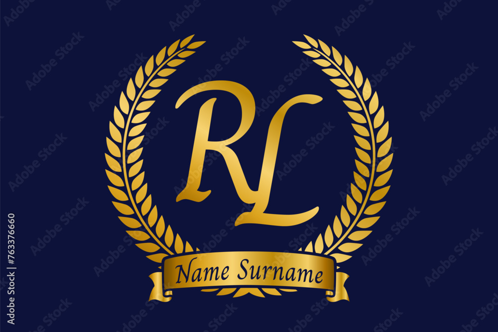 Initial letter R and L, RL monogram logo design with laurel wreath ...
