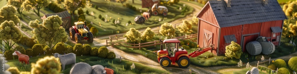 A 3D model of a cute farm with animated animals, barns, and tractors ...