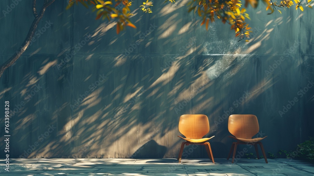 Real life with real shadows imitating trees next to wooden chairs ...