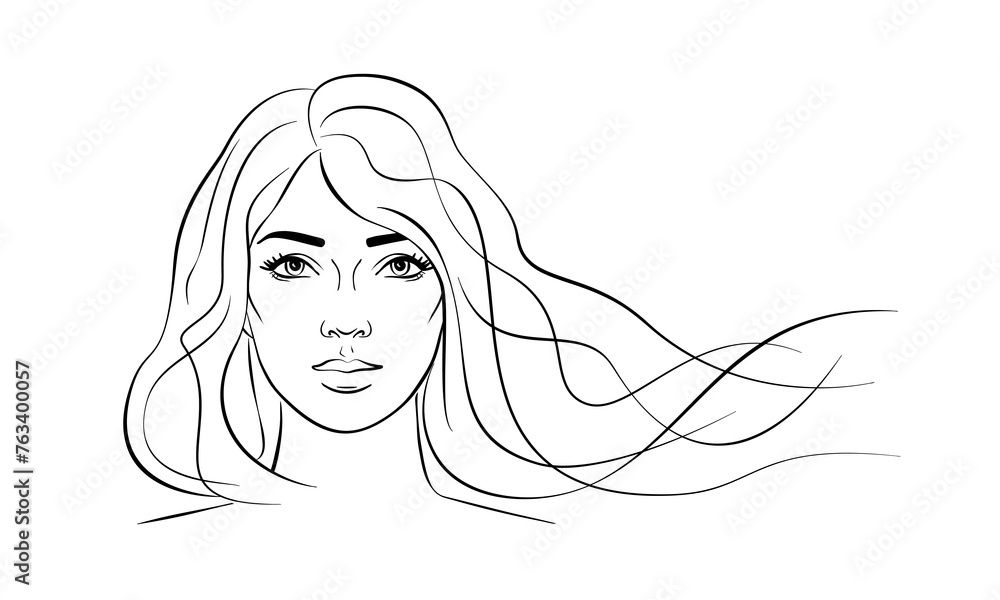 beautiful woman face portrait long wavy hair line drawing outline style ...