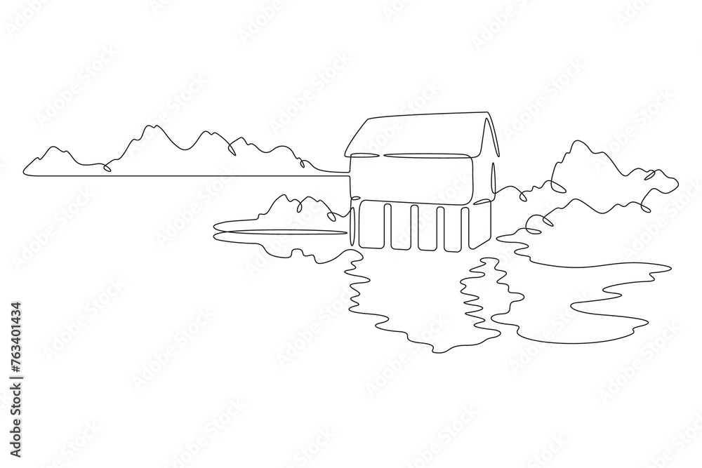 Beautiful Scandinavian landscape. House on the lake. Minimalism. Fjords ...