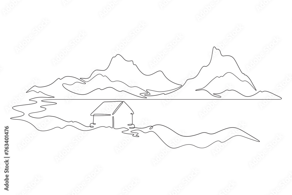 Beautiful Scandinavian landscape. House on the lake. Minimalism. Fjords ...