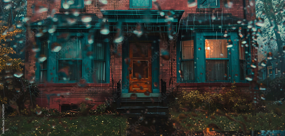 Rainy day scene, raindrops blurring the view; the house in rich plum ...