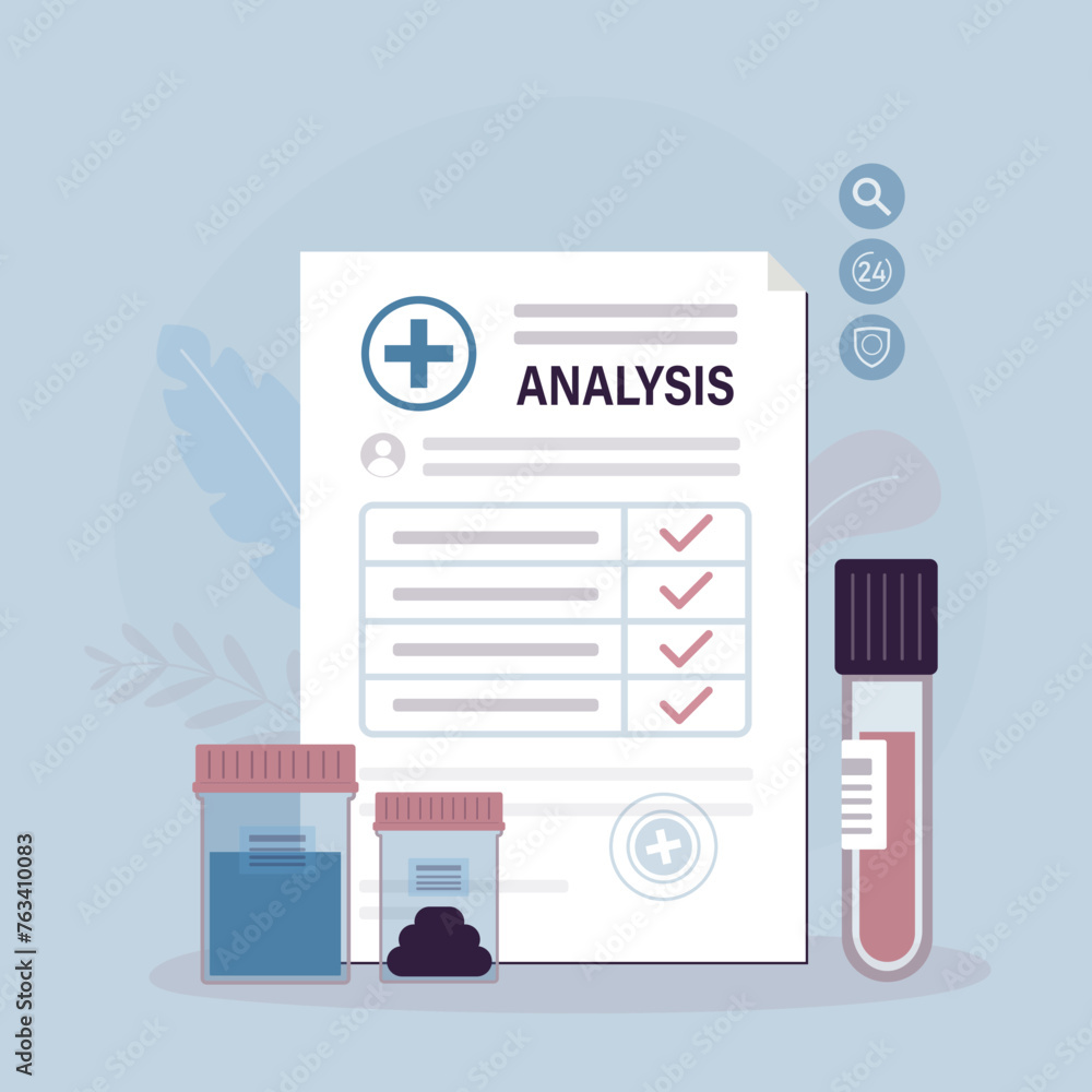 Stool, blood and urine test tubes. Medical form with results data ...