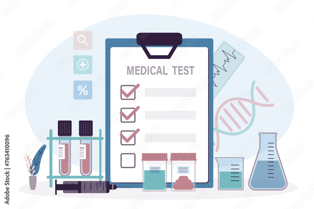 Stool, blood, urine test tubes. Medical form with results data. Feces ...