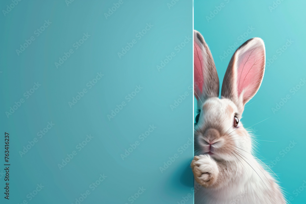 Cute Easter bunny rabbit peeping and hiding behind blue background ...