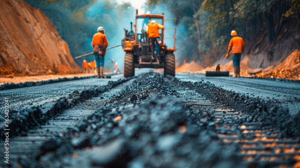 Road construction workers' teamwork at a road construction site, hot ...
