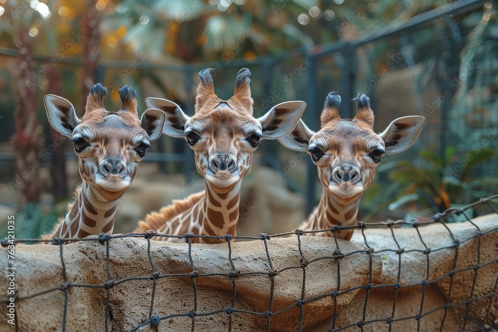Three adorable giraffes with endearing expressions peek over a zoo ...