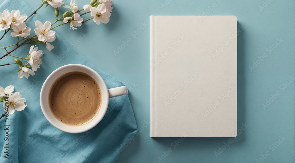 Blank book cover template laying on blue background with a cup of ...