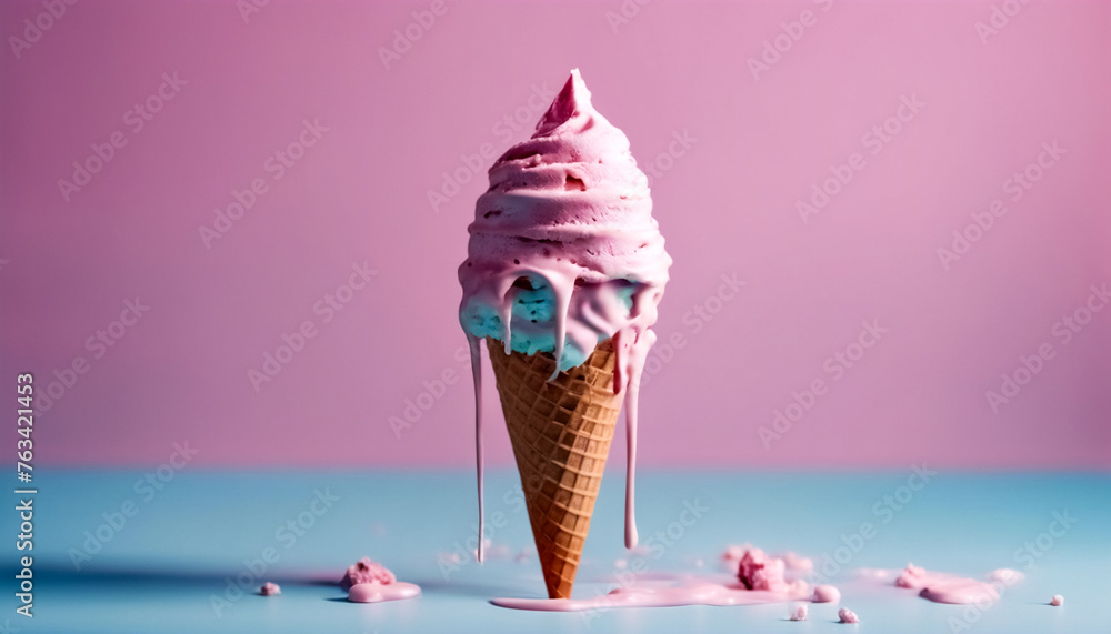 Sapore Estivo- Gelato Rosa che si Scioglie in un Cono su Sfondo Blu ... Sapore Estivo- Gelato Rosa che si Scioglie in un Cono su Sfondo Blu ...