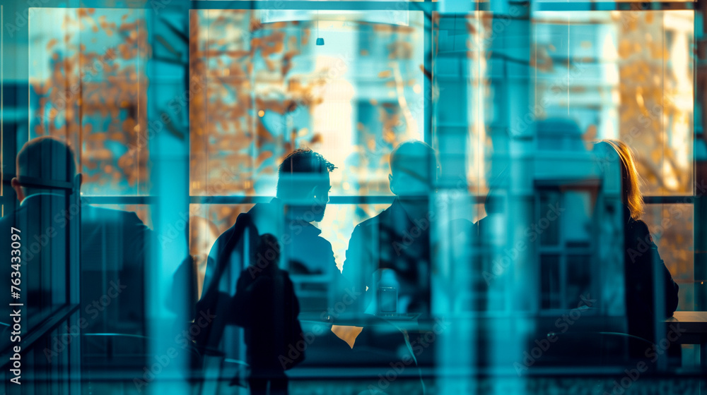 Office workers. Mirror glass building. Office workers, business people ...