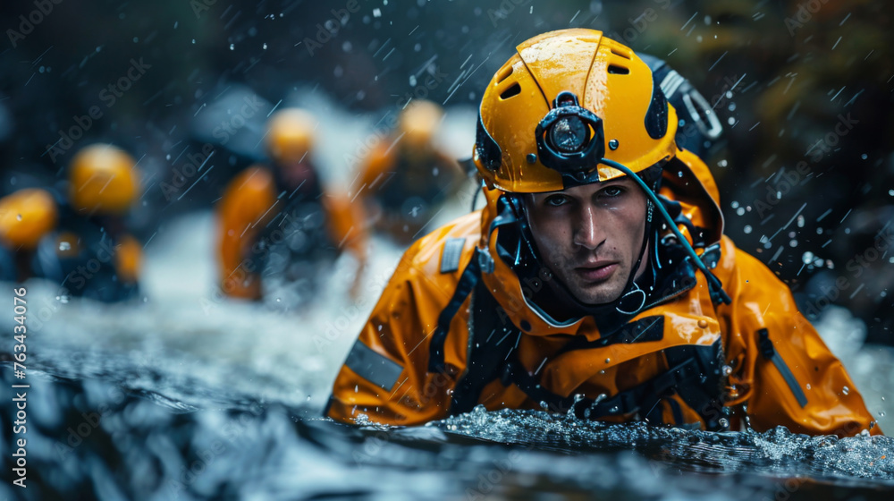 Focused rescue worker wading through floodwaters in a challenging water ...