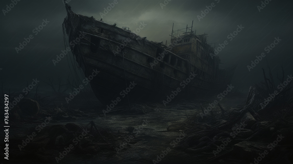 A haunting image of an abandoned shipwreck surrounded by a sea of ...